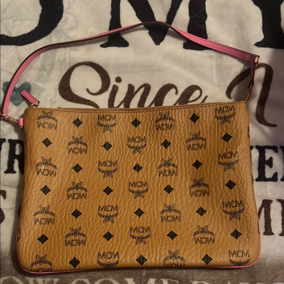 MCM | Bags | Mcm Tan And Pink Shoulder Bag With Signature Monogram ...